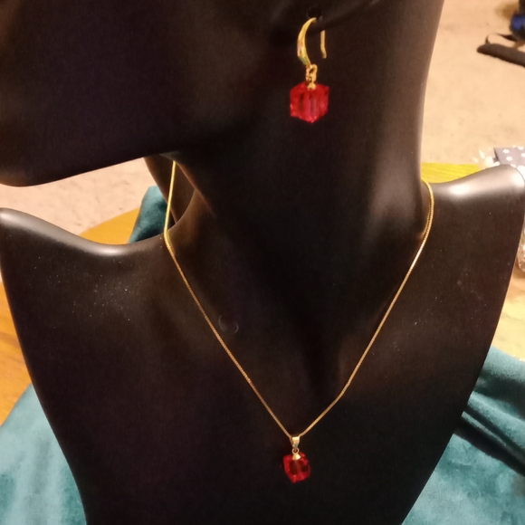 Jewelry | Austria Crystal Cube Necklace And Earrings Set Red | Poshmark